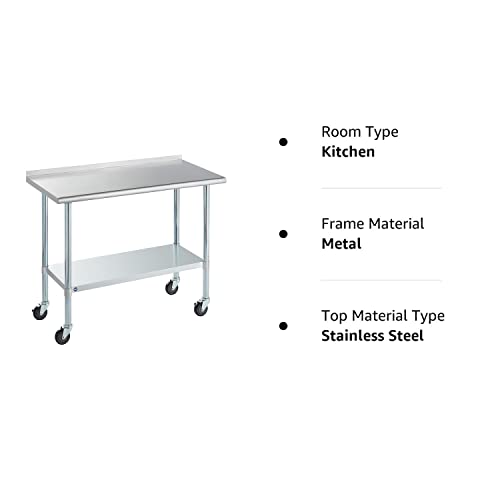 ROCKPOINT Stainless Steel Table for Prep & Work with Backsplash, Caster Wheels 48x24 Inches, NSF Metal Commercial Kitchen Table with Adjustable Under Shelf & Table Foot for Restaurant, Home & Hotel