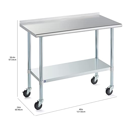 ROCKPOINT Stainless Steel Table for Prep & Work with Backsplash, Caster Wheels 48x24 Inches, NSF Metal Commercial Kitchen Table with Adjustable Under Shelf & Table Foot for Restaurant, Home & Hotel