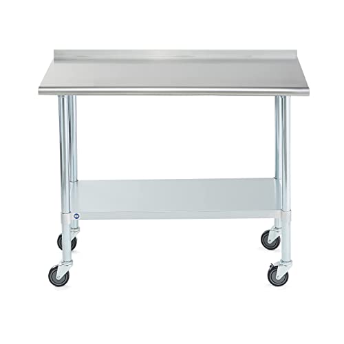 ROCKPOINT Stainless Steel Table for Prep & Work with Backsplash, Caster Wheels 48x24 Inches, NSF Metal Commercial Kitchen Table with Adjustable Under Shelf & Table Foot for Restaurant, Home & Hotel