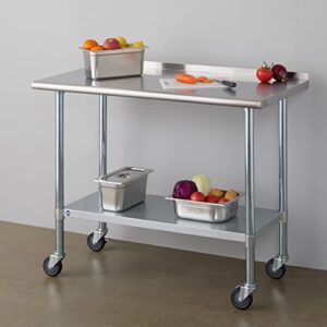 ROCKPOINT Stainless Steel Table for Prep & Work with Backsplash, Caster Wheels 48x24 Inches, NSF Metal Commercial Kitchen Table with Adjustable Under Shelf & Table Foot for Restaurant, Home & Hotel