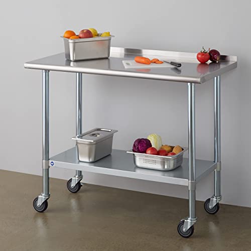 ROCKPOINT Stainless Steel Table for Prep & Work with Backsplash, Caster Wheels 48x24 Inches, NSF Metal Commercial Kitchen Table with Adjustable Under Shelf & Table Foot for Restaurant, Home & Hotel