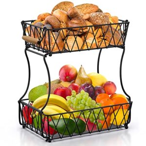 2 tier fruit basket for kitchen, tiered fruit basket kitchen countertop organizer, bread vegetable storage wire metal bowl with banana hanger holder stand, detachable counter decor black farmhouse