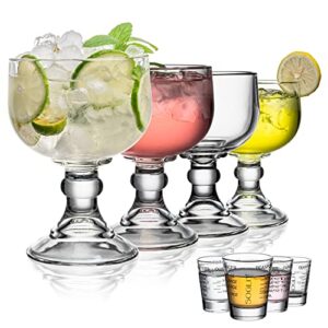 margarita schooner beer glasses 21 oz set of 4 with extra measuring shot glasses, large shrimp cocktail glasses goblet, large stemmed glasses with thick bottom for coronaritas, margaritas, cocktails