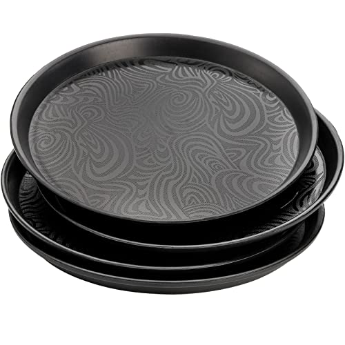 Hacaroa 4 Pack Round Restaurant Serving Trays, 12 Inch Plastic Food Service Trays Non-Skid Food Platter for Cafeteria, Bar, Coffee Shop, Hotel, Tailed Lines, Black