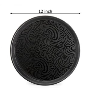 Hacaroa 4 Pack Round Restaurant Serving Trays, 12 Inch Plastic Food Service Trays Non-Skid Food Platter for Cafeteria, Bar, Coffee Shop, Hotel, Tailed Lines, Black