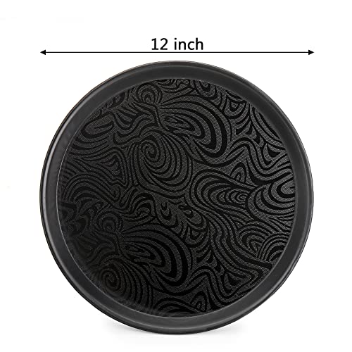 Hacaroa 4 Pack Round Restaurant Serving Trays, 12 Inch Plastic Food Service Trays Non-Skid Food Platter for Cafeteria, Bar, Coffee Shop, Hotel, Tailed Lines, Black