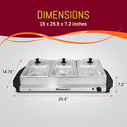 Elite Gourmet EWM-6171# Triple 3 x 2.5 Qt. Trays, Buffet Server, Food Warmer Temperature Control, Clear Slotted Lids, Perfect for Parties, Entertaining & Holidays, 7.5 Qt Total, Stainless Steel