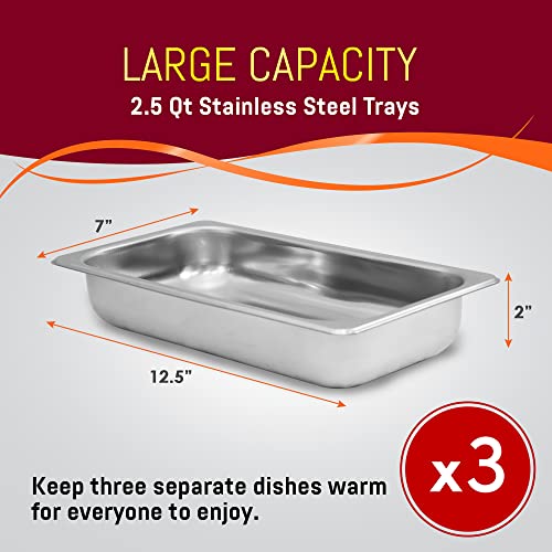 Elite Gourmet EWM-6171# Triple 3 x 2.5 Qt. Trays, Buffet Server, Food Warmer Temperature Control, Clear Slotted Lids, Perfect for Parties, Entertaining & Holidays, 7.5 Qt Total, Stainless Steel