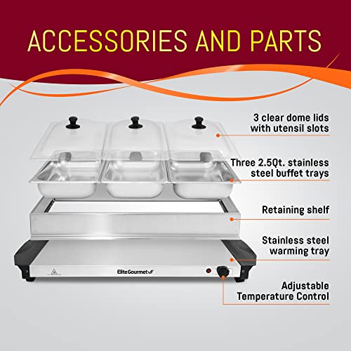 Elite Gourmet EWM-6171# Triple 3 x 2.5 Qt. Trays, Buffet Server, Food Warmer Temperature Control, Clear Slotted Lids, Perfect for Parties, Entertaining & Holidays, 7.5 Qt Total, Stainless Steel