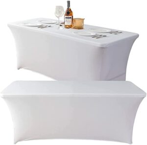 mingyit 2 pack spandex table cover fitted rectangular tablecloth stretchable fabric tablecloth for party, banquet, wedding and events (6ft, white)