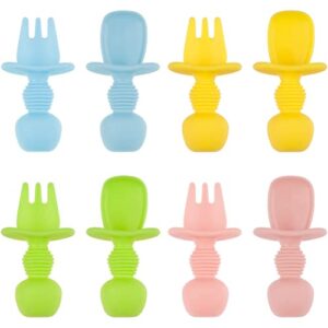 8 pack baby utensils, silicone baby led weaning utensils toddler utensils for self feeding baby forks and spoons first stage chewable utensils set for age 6 months+ (multicolor)