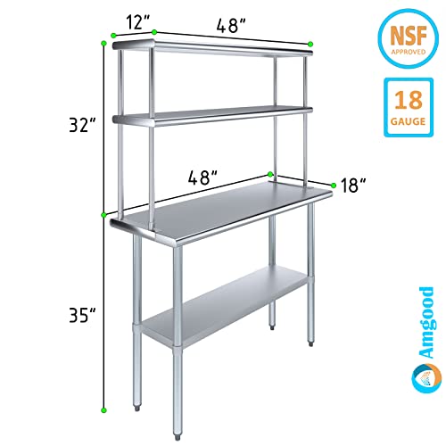 18" x 48" Stainless Steel Work Table with 12" Wide Double Tier Overshelf | Metal Kitchen Prep Table & Shelving Combo