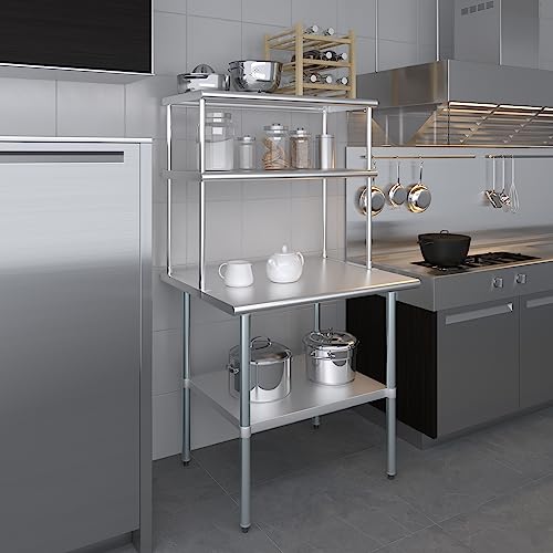 30" x 36" Stainless Steel Work Table with 18" Wide Double Tier Overshelf | Metal Kitchen Prep Table & Shelving Combo