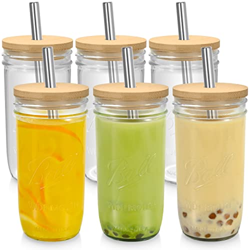 Prerrysurpasse Mason Jar Cups with Lids and Straws - 6Pack 24oz Reusable Wide Mouth Smoothie Cups, Iced Coffee Cups,Ball Mason Jars Glass Cups, Travel Glass Drinking Bottle,Bubble Tea Cup