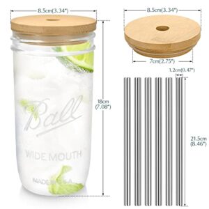 Prerrysurpasse Mason Jar Cups with Lids and Straws - 6Pack 24oz Reusable Wide Mouth Smoothie Cups, Iced Coffee Cups,Ball Mason Jars Glass Cups, Travel Glass Drinking Bottle,Bubble Tea Cup