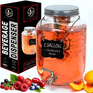 2-gallon glass liquor decanter drink dispenser for parties - 100% leakproof stainless steel spigot + marker & label and fruit infuser, water beverage dispenser liquid laundry detergent dispenser