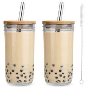 amzfan iced coffee cups, boba cup, mason jar with lid and straw 20 oz, coffee cups with lids, reusable wide mouth boba tumbler, clear travel mug (2pcs-20 oz)