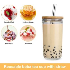 AmzFan Iced Coffee Cups, Boba Cup, Mason Jar with Lid and Straw 20 oz, Coffee Cups with Lids, Reusable Wide Mouth Boba Tumbler, Clear Travel Mug (2PCS-20 OZ)