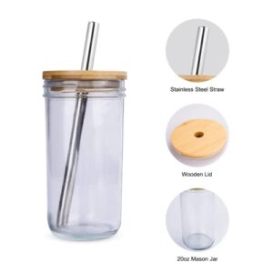 AmzFan Iced Coffee Cups, Boba Cup, Mason Jar with Lid and Straw 20 oz, Coffee Cups with Lids, Reusable Wide Mouth Boba Tumbler, Clear Travel Mug (2PCS-20 OZ)