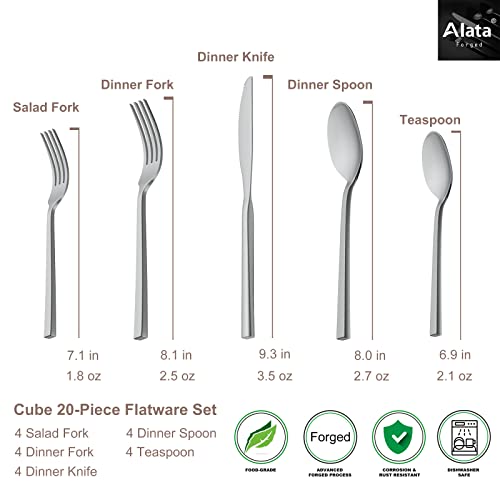 Alata Cube 20-Piece Forged Stainless Steel Flatware Set Cutlery Set,Silverware Set Service for 4,Mirror Finish,Dishwasher Safe