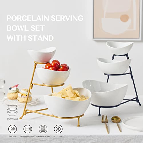 Gomakren 3 Tier Serving Bowl Set with Rack White Bowl Set with Stand Thanksgiving Serving Dishes For Parties Serving Stand for Dessert Snack Fruit Appetizer Chips Dining Dinnerware Display Food Gold