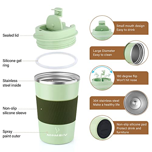 12oz Travel Mug, MOMSIV Insulated Coffee Cup with Leakproof Lid, Vacuum Stainless Steel Double Walled Reusable Tumbler for Hot and Cold Water Coffee and Tea In Travel and Car (Green-380ml)