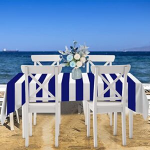 peony man 4 Pieces Blue and White Striped Tablecloth Nautical Blue Plastic Table Cover Waterproof Disposable Rectangle Tablecloth for Party Kitchen Dining Table Decor