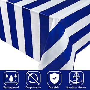 peony man 4 Pieces Blue and White Striped Tablecloth Nautical Blue Plastic Table Cover Waterproof Disposable Rectangle Tablecloth for Party Kitchen Dining Table Decor