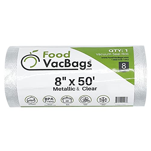 FoodVacBags 8" X 50' Metallic & Clear Embossed Vacuum Seal Roll Bag, Commercial Grade, Make Own Size, Food Storage, Display