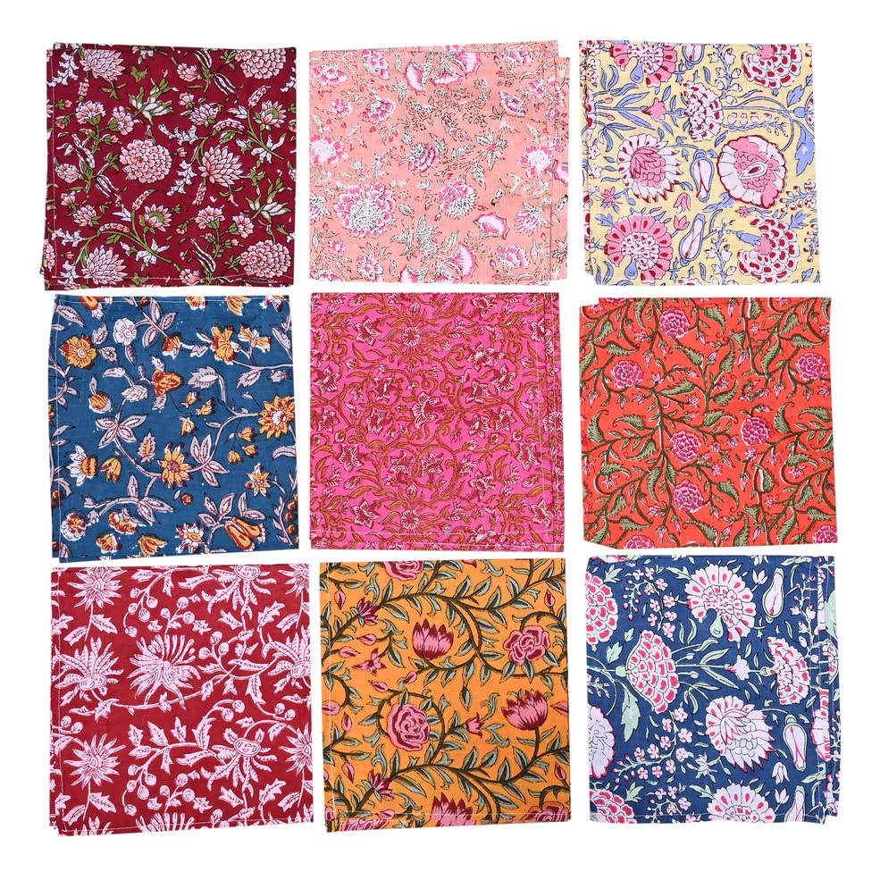 KLAVATE 10 Pc Mix Lot Napkin Hand Block Print Napkin 100% Cotton Napkin Handmade 16x16 Inch Jaipuri Printed Dining Table Cloth, Multicolor