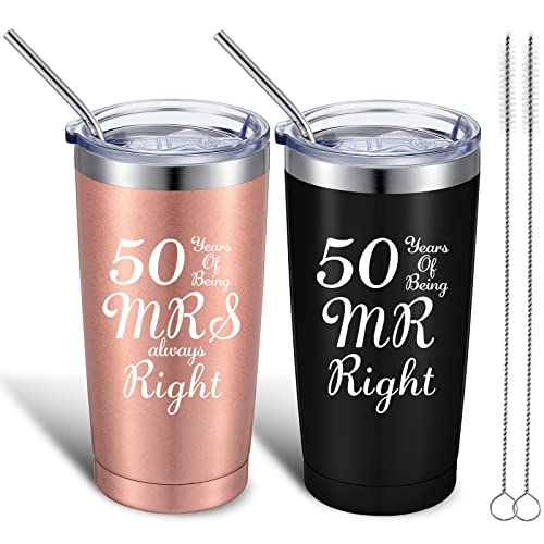 Patelai 2 Pieces 50th Wedding Anniversary Coffee Mug, 50 Years of Being MR/MRS Always Right Gifts Set for Grandparents Couple, 20 oz Mug Tumbler with Lids and Gift Box (Black, Rose Gold)