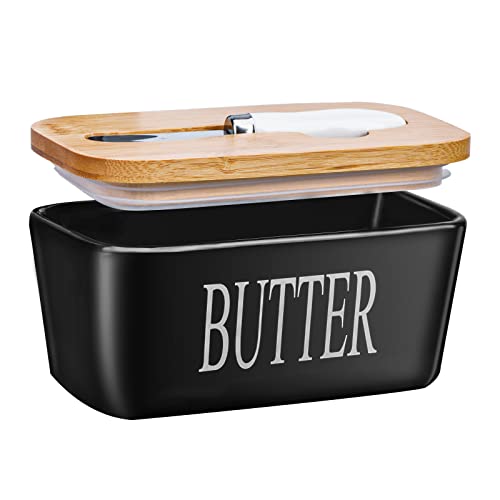 Butter Dish with Lid and Knife, Airtight Black Porcelain Butter Container, Large Ceramic Butter Storage with Sealing Covered for Countertop, Butter Dishes, JSHKY (Color-Black)