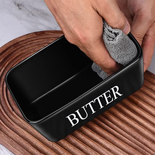 Butter Dish with Lid and Knife, Airtight Black Porcelain Butter Container, Large Ceramic Butter Storage with Sealing Covered for Countertop, Butter Dishes, JSHKY (Color-Black)