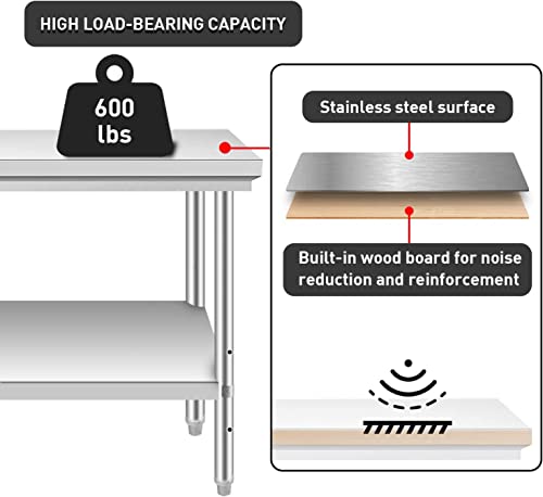 Commercial Work Table, 36" x 24" Stainless Steel Work Table with Wheels Heavy Duty Table for Restaurant Home and Hotel