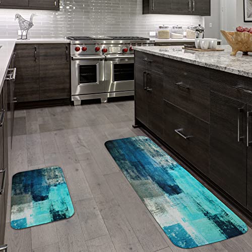 MAYHMYO Teal Mat Turquoise and Grey Rugs Non Skid Washable 17"X48"+17"X24" Set of 2 Abstract Art Kitchen Floor Mats for Dining Floor Home Office Sink Laundry