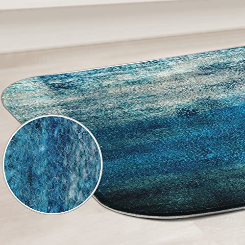 MAYHMYO Teal Mat Turquoise and Grey Rugs Non Skid Washable 17"X48"+17"X24" Set of 2 Abstract Art Kitchen Floor Mats for Dining Floor Home Office Sink Laundry