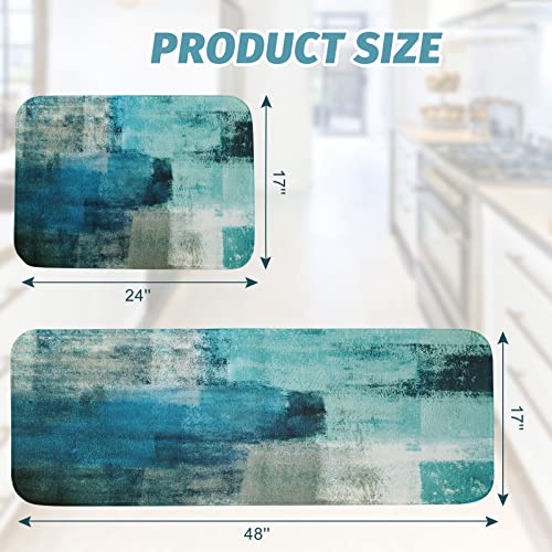 MAYHMYO Teal Mat Turquoise and Grey Rugs Non Skid Washable 17"X48"+17"X24" Set of 2 Abstract Art Kitchen Floor Mats for Dining Floor Home Office Sink Laundry