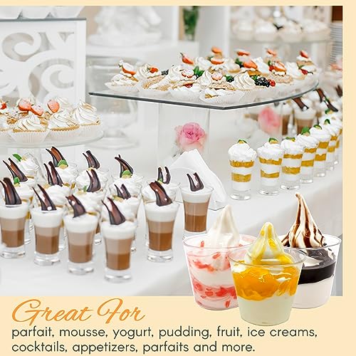 UNFIYEO 50 Pack 5 oz Plastic Dessert Cups with Spoons, Mini Mousse Cup Round Pudding Cups Party Serving Bowl for Cocktails Appetizers Fruit Parfait and Trifle