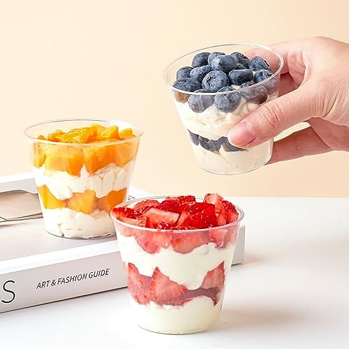 UNFIYEO 50 Pack 5 oz Plastic Dessert Cups with Spoons, Mini Mousse Cup Round Pudding Cups Party Serving Bowl for Cocktails Appetizers Fruit Parfait and Trifle