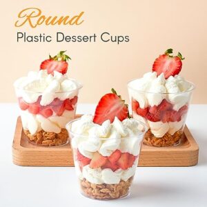 UNFIYEO 50 Pack 5 oz Plastic Dessert Cups with Spoons, Mini Mousse Cup Round Pudding Cups Party Serving Bowl for Cocktails Appetizers Fruit Parfait and Trifle