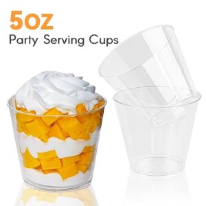 UNFIYEO 50 Pack 5 oz Plastic Dessert Cups with Spoons, Mini Mousse Cup Round Pudding Cups Party Serving Bowl for Cocktails Appetizers Fruit Parfait and Trifle