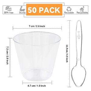 UNFIYEO 50 Pack 5 oz Plastic Dessert Cups with Spoons, Mini Mousse Cup Round Pudding Cups Party Serving Bowl for Cocktails Appetizers Fruit Parfait and Trifle