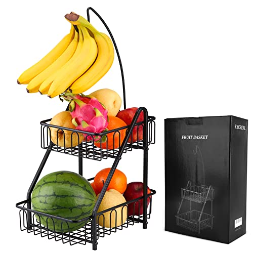 KYCREAL 2-Tier Fruit Basket Bowl for Kitchen Counter, Banana Holder,Fruit Vegetable Bowl Stand with Removable Banana Hanger, Metal Wire Fruit Vegetable Storage ,Black