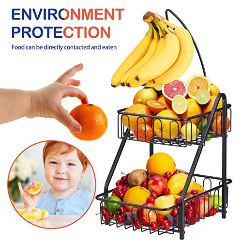 KYCREAL 2-Tier Fruit Basket Bowl for Kitchen Counter, Banana Holder,Fruit Vegetable Bowl Stand with Removable Banana Hanger, Metal Wire Fruit Vegetable Storage ,Black