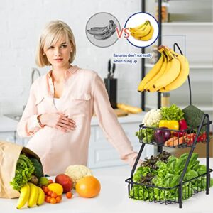 KYCREAL 2-Tier Fruit Basket Bowl for Kitchen Counter, Banana Holder,Fruit Vegetable Bowl Stand with Removable Banana Hanger, Metal Wire Fruit Vegetable Storage ,Black