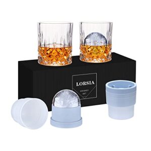 whiskey rocks glass, set of 4 (2 crystal bourbon glasses, 2 round big ice ball molds) in gift box - 10 oz old fashioned glasses for scotch cocktail rum cognac vodka liquor, unique gifts for men