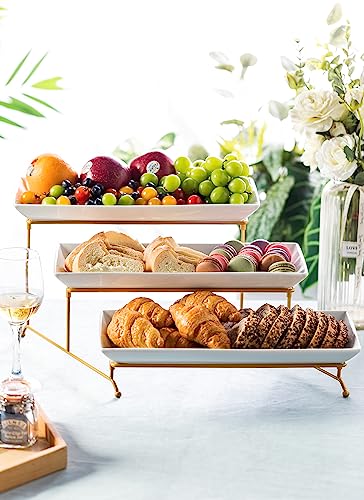 LYEOBOH 3 Tier Serving Stand and Platters Set Large Tiered with Collapsible Sturdier Rack 14 Inches Tray for Appetizer Fruit, Dessert Cupcake, White