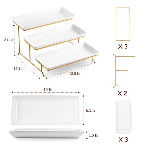 LYEOBOH 3 Tier Serving Stand and Platters Set Large Tiered with Collapsible Sturdier Rack 14 Inches Tray for Appetizer Fruit, Dessert Cupcake, White