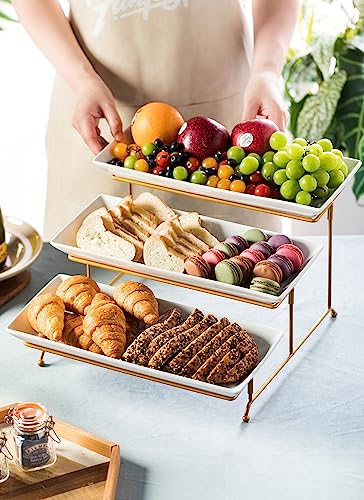 LYEOBOH 3 Tier Serving Stand and Platters Set Large Tiered with Collapsible Sturdier Rack 14 Inches Tray for Appetizer Fruit, Dessert Cupcake, White