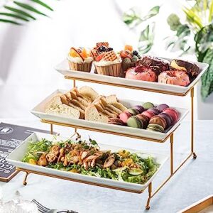 LYEOBOH 3 Tier Serving Stand and Platters Set Large Tiered with Collapsible Sturdier Rack 14 Inches Tray for Appetizer Fruit, Dessert Cupcake, White